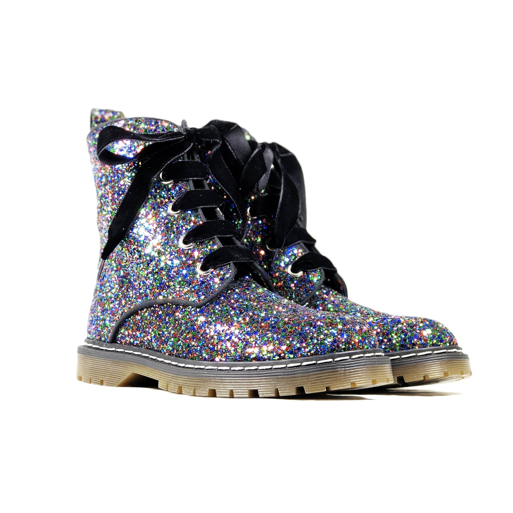 'Billie' Black/Multicolour Glitter vegan combat boots by Zette Shoes ...