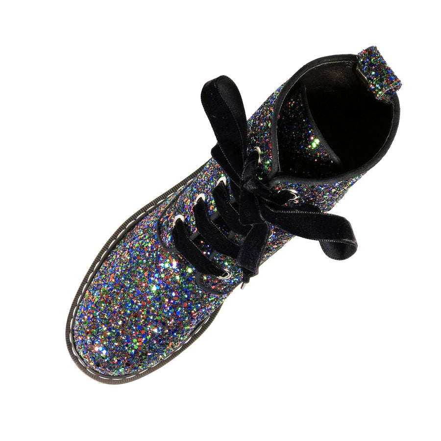 'Billie' Black/Multicolour Glitter vegan combat boots by Zette Shoes ...